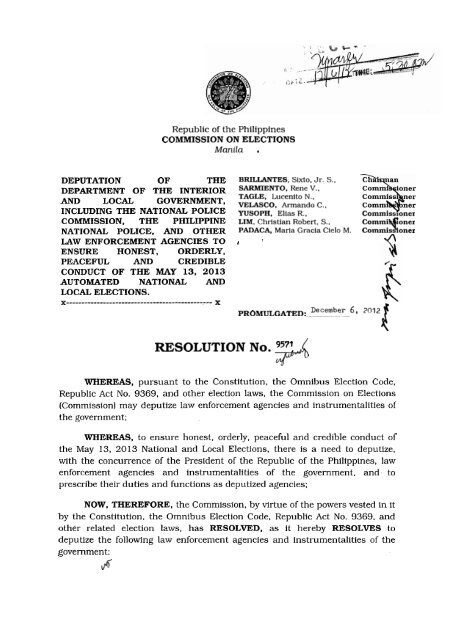 COMELEC Resolution No. 9571 - PNP Directorate for Operations ...