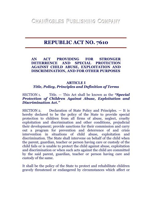 REPUBLIC ACT NO. 7610 - Chan Robles and Associates Law Firm