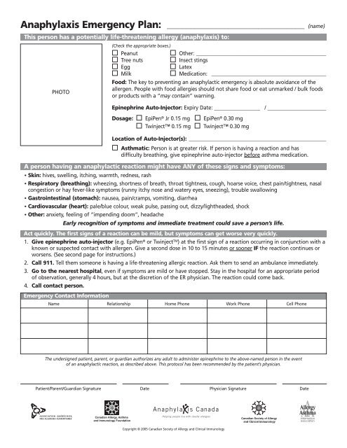 Anaphylaxis Emergency Plan - Allergy Safe Communities