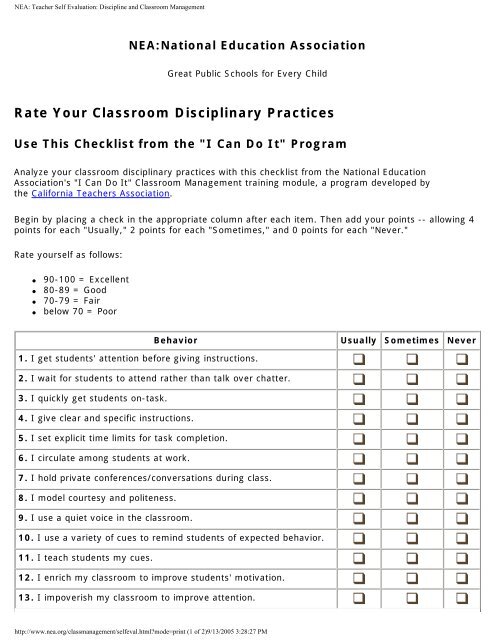Rate Your Classroom Disciplinary Practices