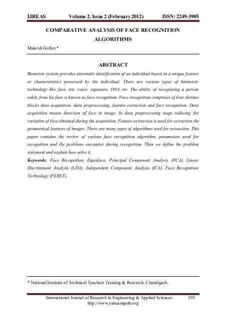 Comparative Analysis Of Face Recognition Algorithms