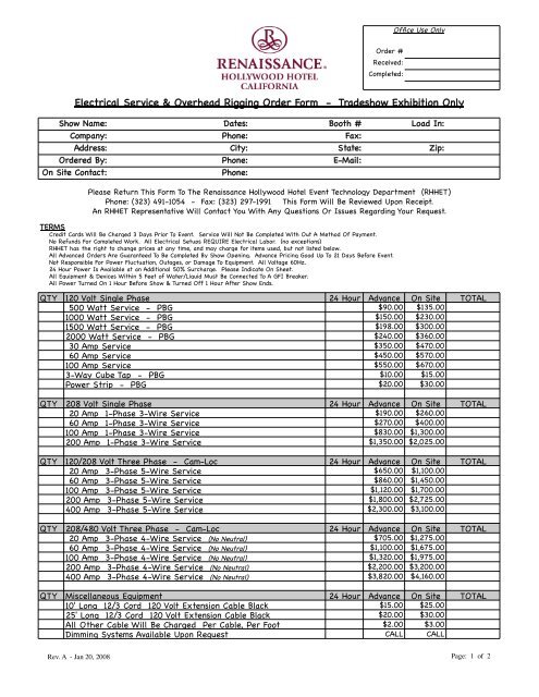 Electrical Service & Overhead Rigging Order Form - Tradeshow ...