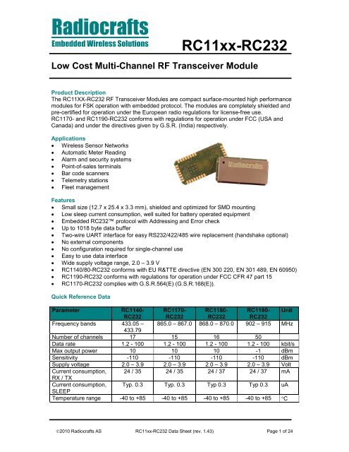 RC11xx-RC232 Data Sheet 1 43 - Radiocrafts