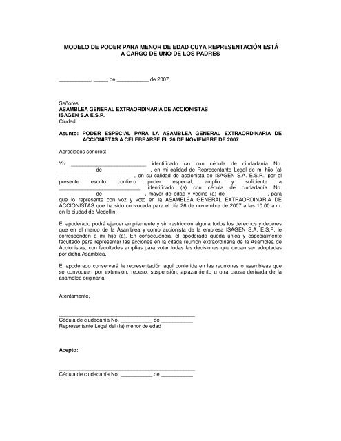 modelo de poder para menor de edad cuya representaciÃ³n ... - Isagen