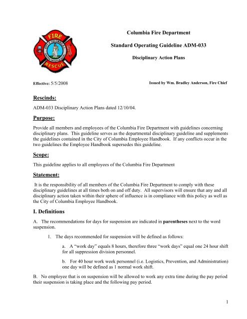 Disciplinary Action Plans - Columbia Fire Department Website