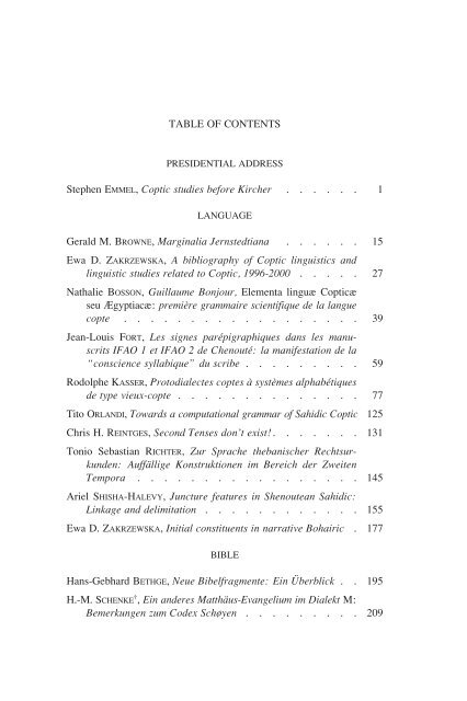 TABLE OF CONTENTS Stephen EMMEL, Coptic studies ... - Peeters