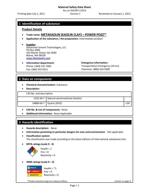 Trade name: METAKAOLIN (KAOLIN CLAY) – POWER POZZ™ 1 ...