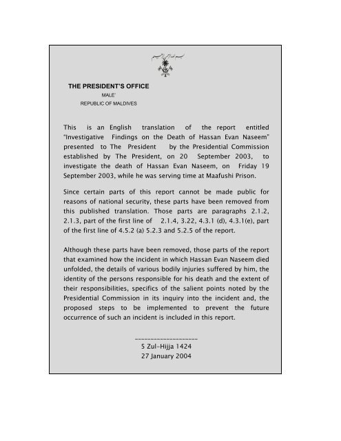 Investigative Findings on the death of Hassan Evan Naseem