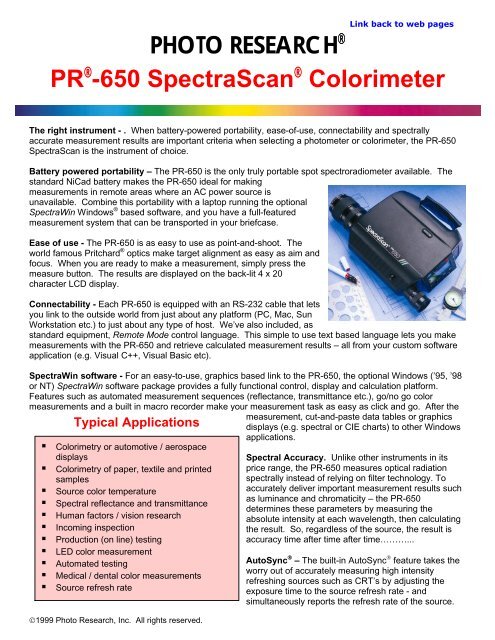 PR 650 SpectraScan Colorimeter / Colourimeter - Glen Spectra