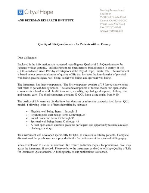 Quality of Life Questionnaire for Patients with an ... - City of Hope