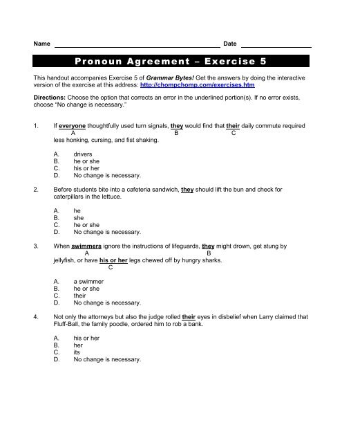 Pronoun Agreement â Exercise 5 - Grammar Bytes!