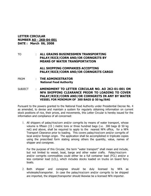 Amendment to Letter Circular No. AO 2K2-01-001 on NFA Shipping ...