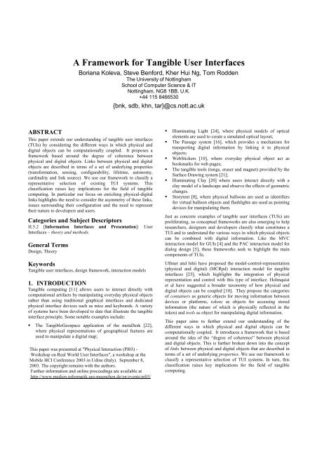 A Framework for Tangible User Interfaces