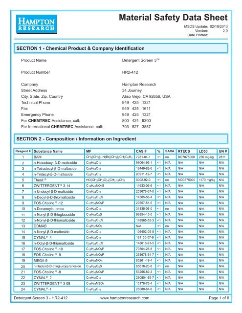 MSDS for all Detergent Screen 3 reagents - Hampton Research
