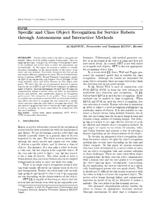 Specific and Class Object Recognition for Service Robots through ...