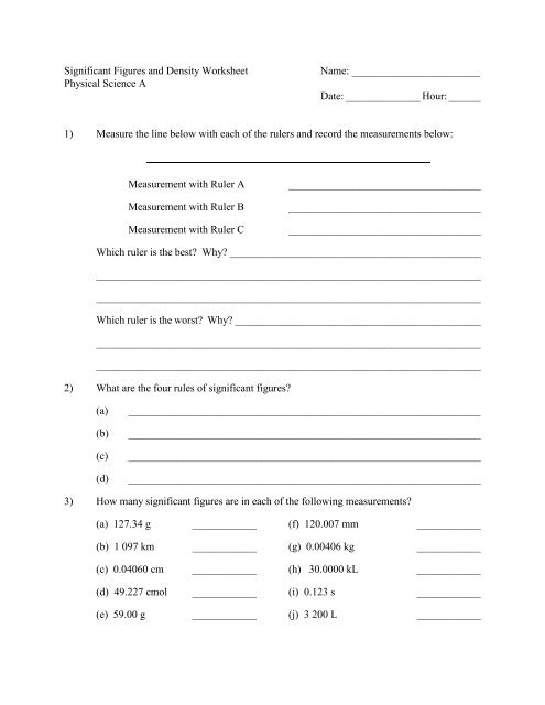 Worksheet on significant figures and density