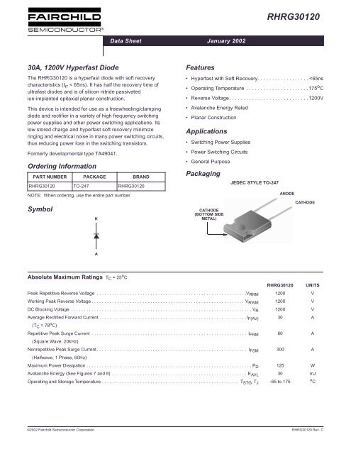 RHRG30120 30A, 1200V Hyperfast Diode