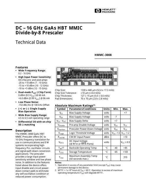DC – 16 GHz GaAs HBT MMIC Divide-by-8 Prescaler Technical Data