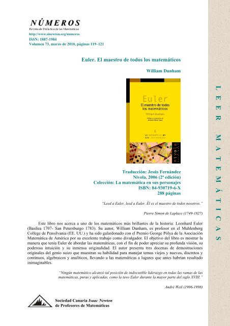 Euler. El maestro de todos los matemÃ¡ticos. William Dunham