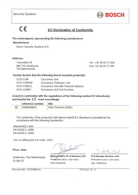 c e EC-Declaration of Conformity - Bosch Security Systems