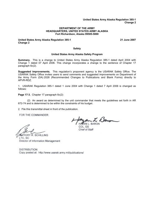 Reg 385-1 change 2 - The USARAK Home Page - U.S. Army