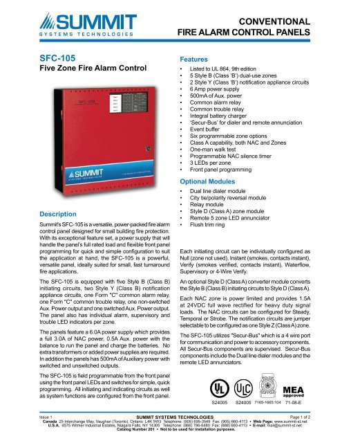 CAT-201 SFC-105 Five Zone Fire Alarm Control - Summit-st.net