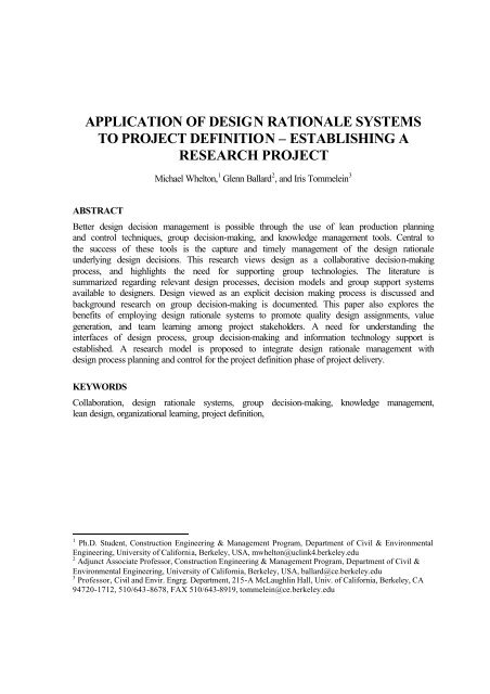 Application of Design Rationale Systems to Project Definition - Lean ...