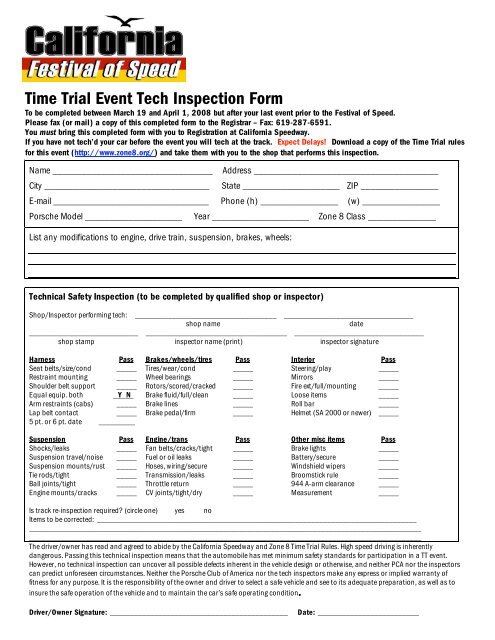 Time Trial Event Tech Inspection Form - zone8.pca.org - Porsche ...
