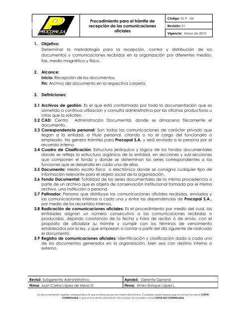 Procedimiento para el trámite de recepción de las ... - Procopal Procedimiento para el trámite de recepción de las ... - Procopal