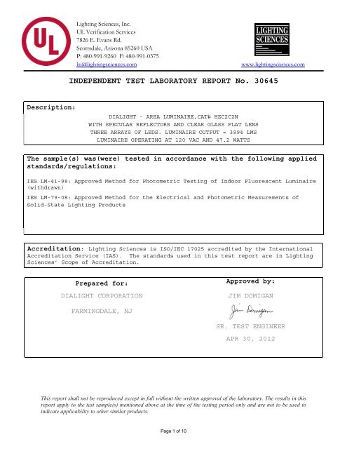 SafeSiteÂ® LED Area Light LM-79 Report - HZC2C2N - Dialight