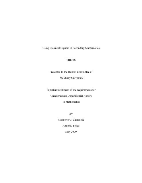 Using Classical Ciphers in Secondary Mathematics THESIS ...