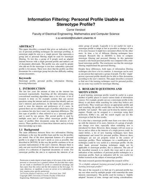 Information Filtering: Personal Profile Usable as Stereotype Profile?