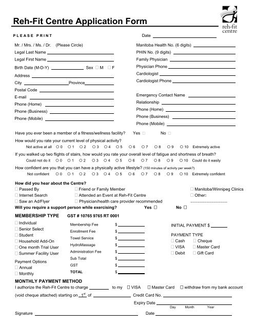 Reh-Fit Centre Application Form - Reh-Fit Fitness Centre