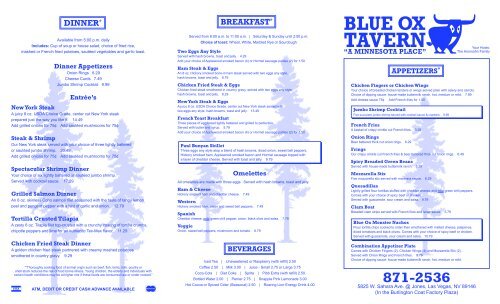 Blue Ox Tavern Menu