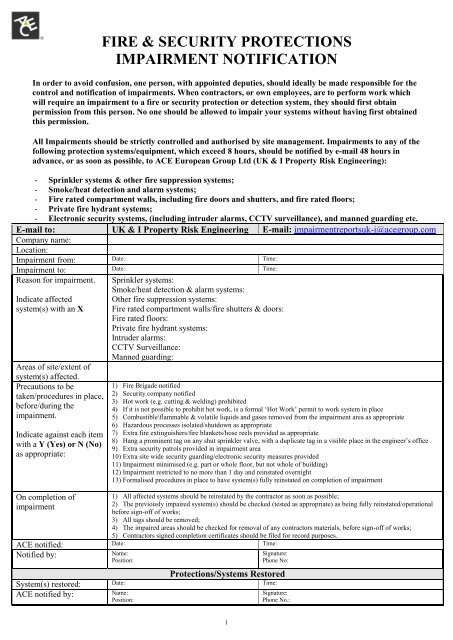 Fire & Security Protections Impairment Notification