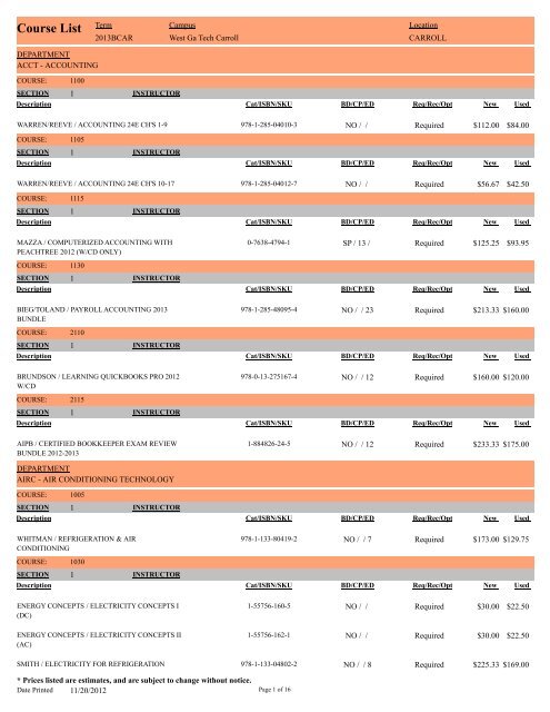Course List - West Georgia Technical College