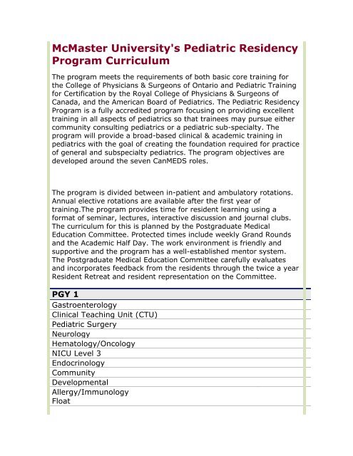 MacPEDS Curriculum - McMaster Pediatrics Residency Program