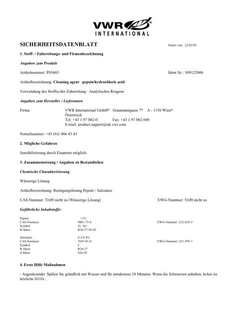 Cleaning agent pepsin/hydrochloric acid - VWR International