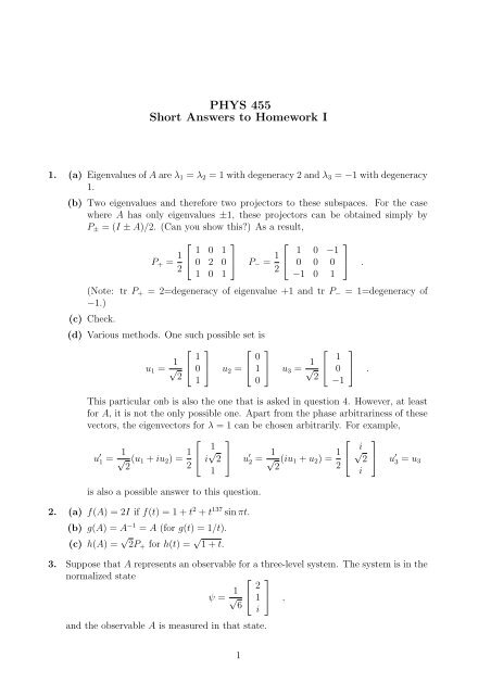 PHYS 455 Short Answers to Homework I