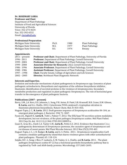 Dr. ROSEMARY LORIA - Plant Pathology - University of Florida