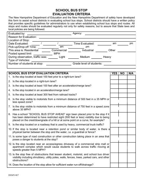 SCHOOL BUS STOP EVALUATION CRITERIA - NH.gov