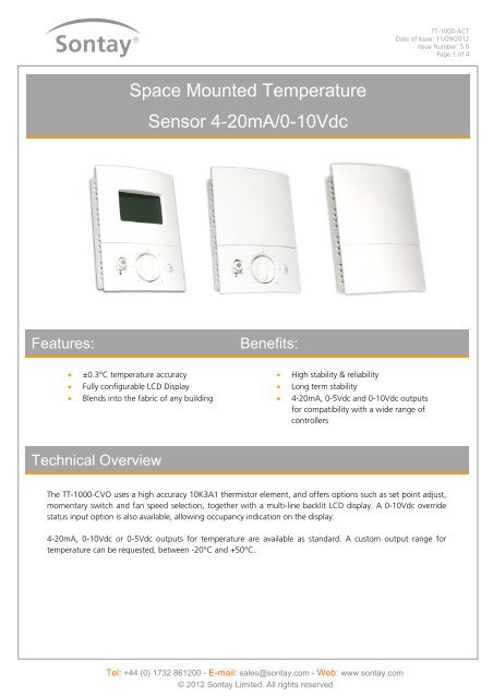 Space Mounted Temperature Sensor 4-20mA/0-10Vdc - Sontay