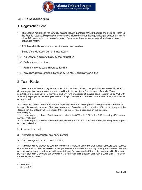 ACL Rule Addendum - Atlanta Cricket League