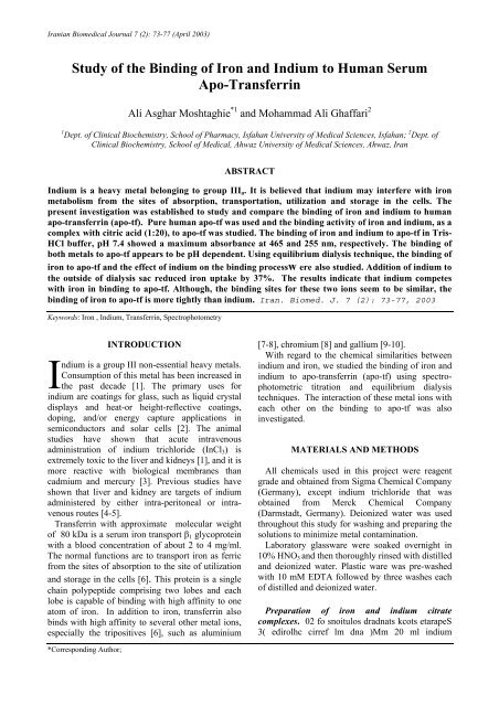 Study of the Binding of Iron and Indium to Human Serum Apo ...