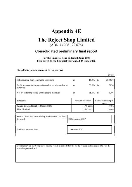 Appendix 4E The Reject Shop Limited