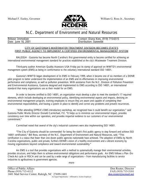 Gastonia WWTD Gets ISO 14001 certification - North Carolina ...