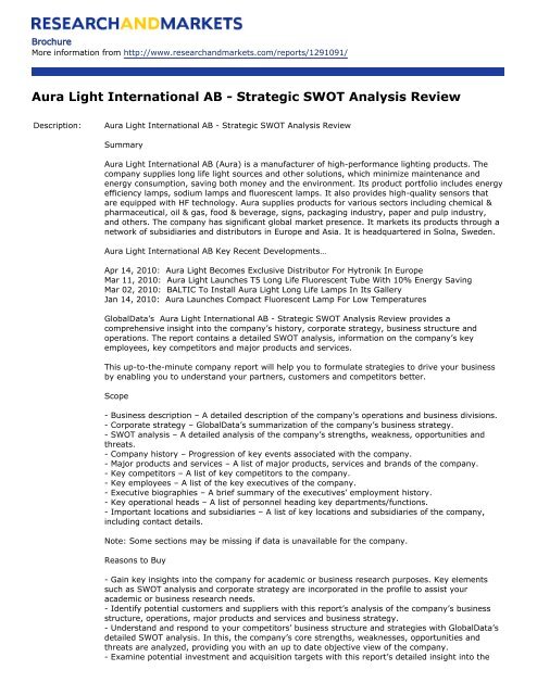 Aura Light International AB - Strategic SWOT Analysis Review