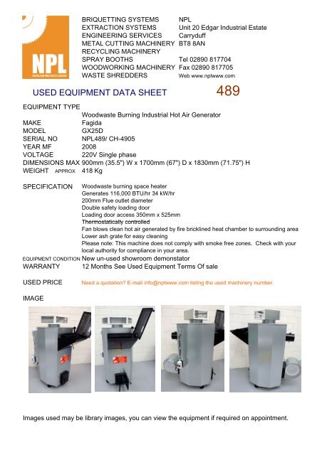 USED EQUIPMENT DATA SHEET - Napoleon Products Limited