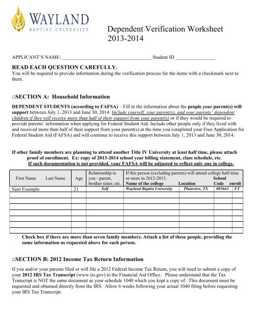 Dependent Verification Worksheet 2013-2014 - Wayland Baptist ...