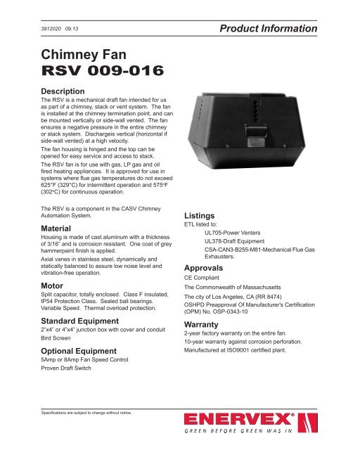 Chimney Fan RSV 009-016 - Enervex